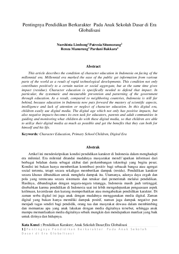 (PDF) Pentingnya Pendidikan Berkarakter Pada Anak Sekolah Dasar di Era Globalisasi
