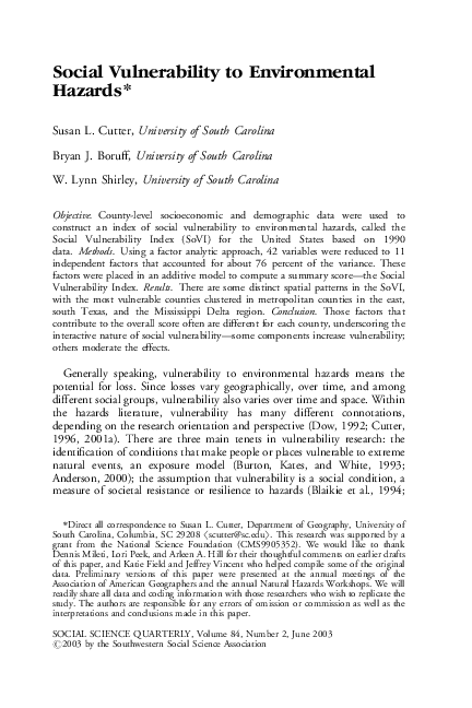 (PDF) Social Vulnerability to Environmental Hazards*
