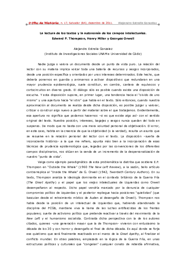 (PDF) La lectura de los textos y la autonomía de los campos intelectuales. Edward P. Thompson ...