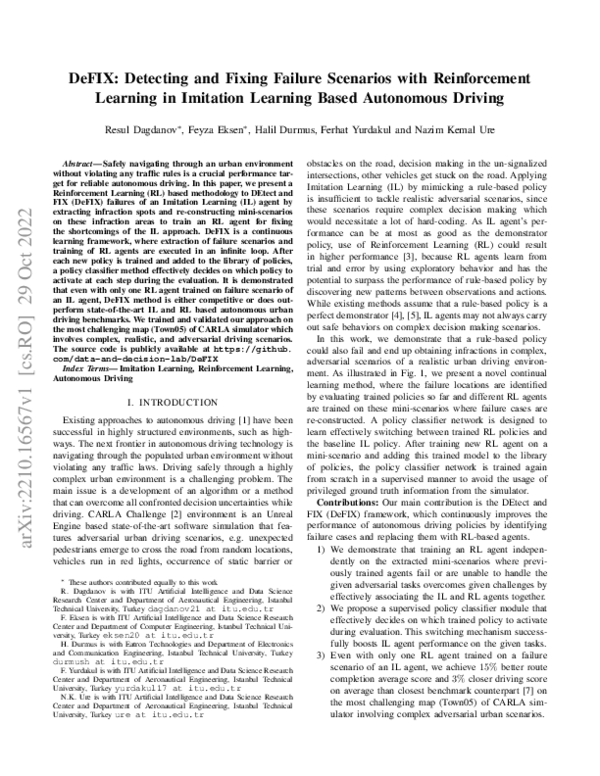 (PDF) DeFIX: Detecting and Fixing Failure Scenarios with Reinforcement Learning in Imitation ...