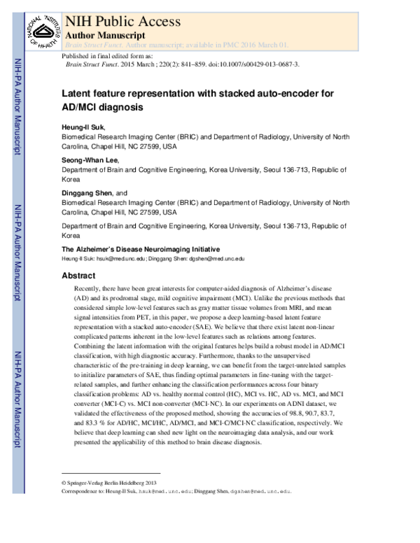 (PDF) Latent feature representation with stacked auto-encoder for AD/MCI diagnosis | Heung-Il ...