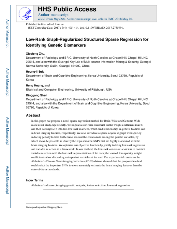 (PDF) Low-Rank Graph-Regularized Structured Sparse Regression for Identifying Genetic Biomarkers