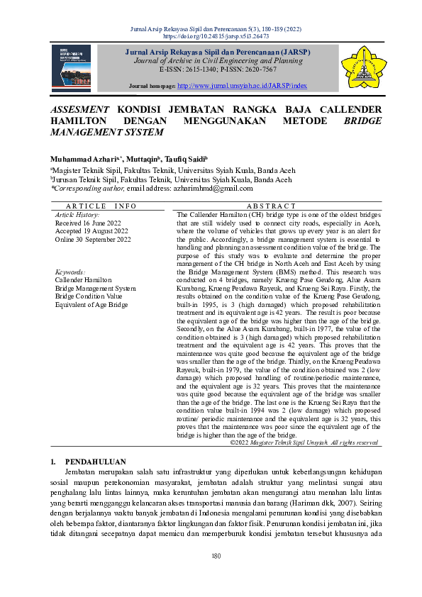 (PDF) Assesment Kondisi Jembatan Rangka Baja Callender Hamilton Dengan ...