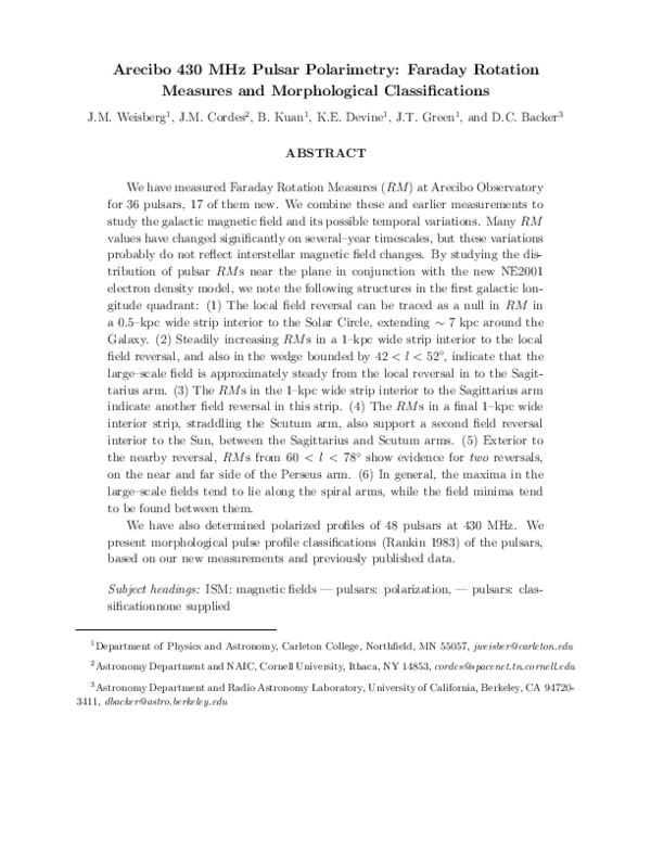 (PDF) Arecibo 430 MHz Pulsar Polarimetry: Faraday Rotation Measures and ...