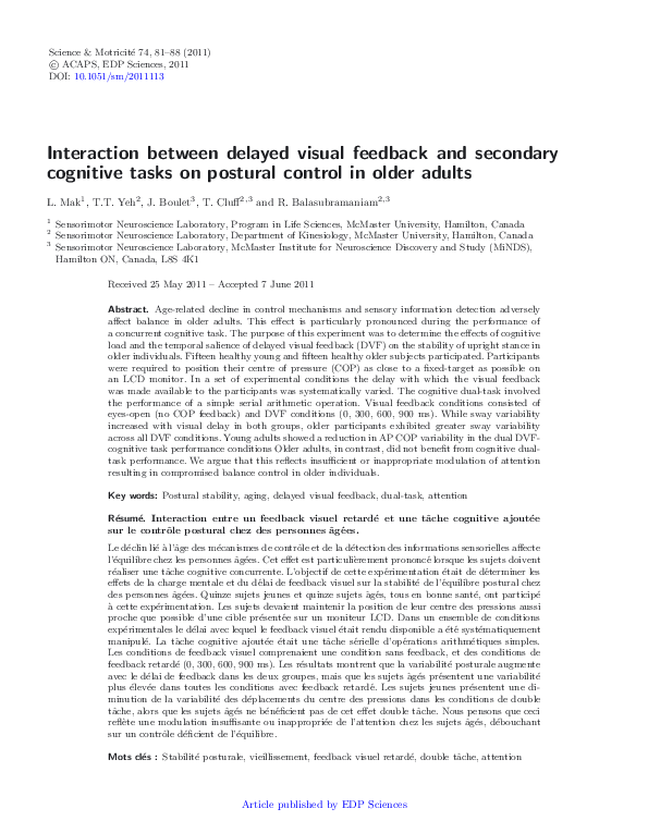 (PDF) Interaction between delayed visual feedback and secondary cognitive tasks on postural ...