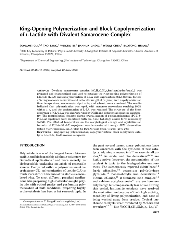 (PDF) Ring-opening polymerization and block copolymerization ofL ...