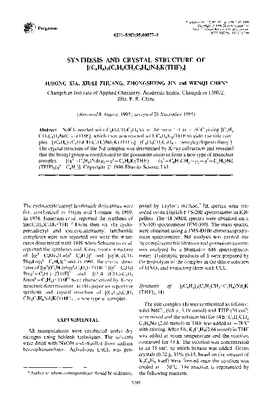 (PDF) Synthesis and crystal structure of [(C8H8)3(C6H5CH2C5H4)Nd2K(THF ...