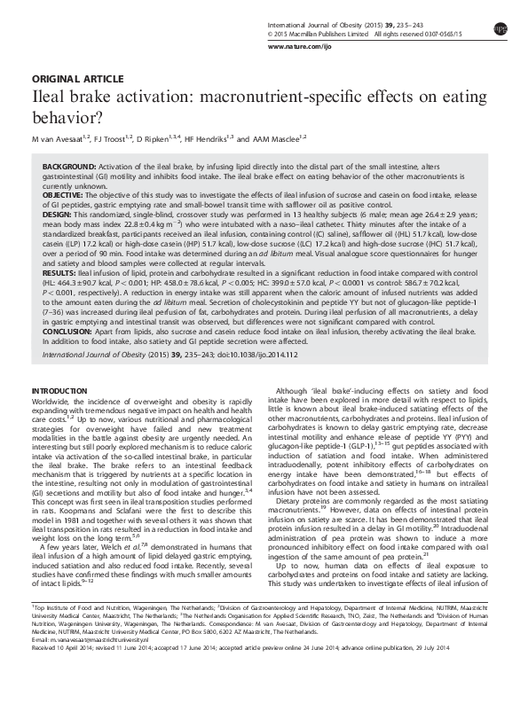 (PDF) Ileal brake activation: macronutrient-specific effects on eating ...