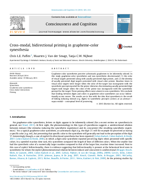 (PDF) Cross-modal, bidirectional priming in grapheme-color synesthesia