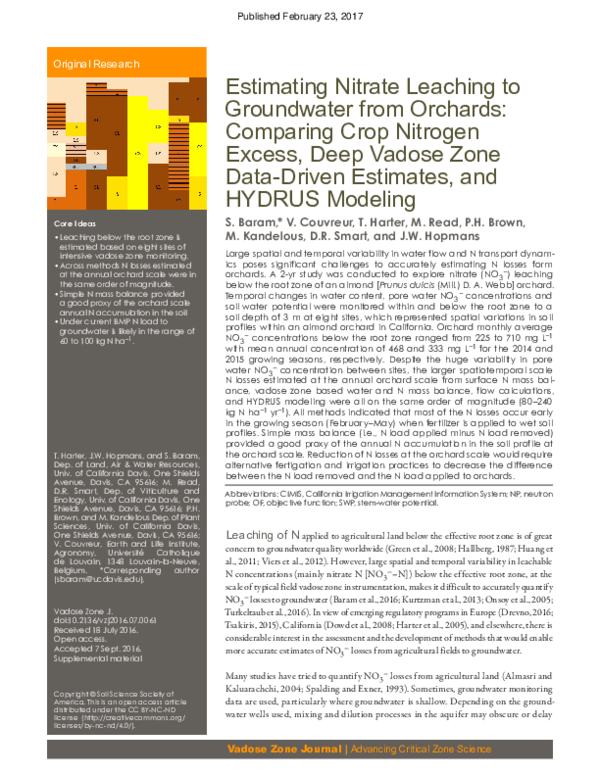 (PDF) Estimating Nitrate Leaching to Groundwater from Orchards: Comparing Crop Nitrogen Excess ...
