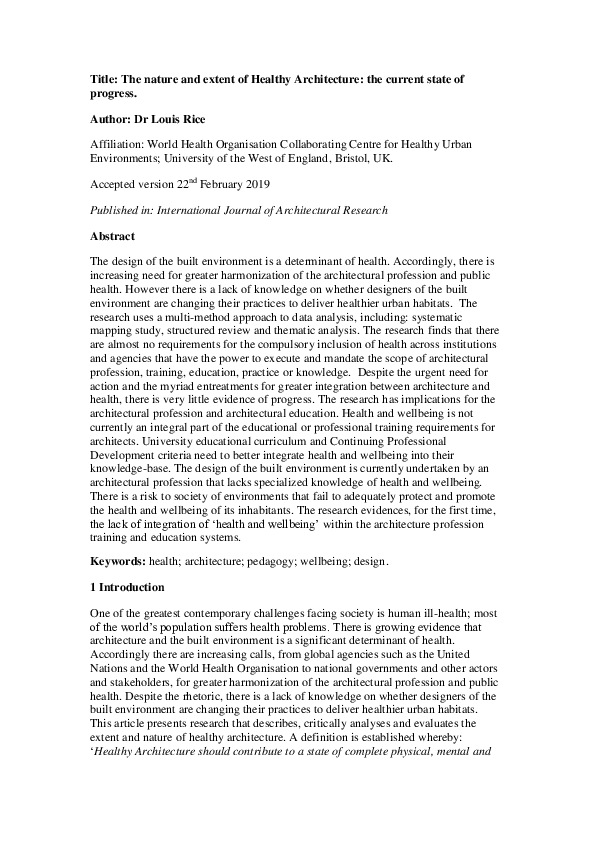 (PDF) The nature and extent of healthy architecture: the current state ...