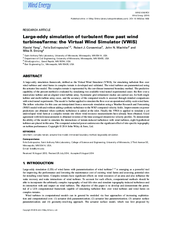 (PDF) Large-eddy simulation of turbulent flow past wind turbines/farms: the Virtual Wind ...