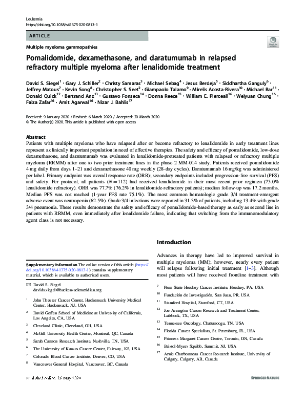 (PDF) Pomalidomide, dexamethasone, and daratumumab in relapsed refractory multiple myeloma after ...