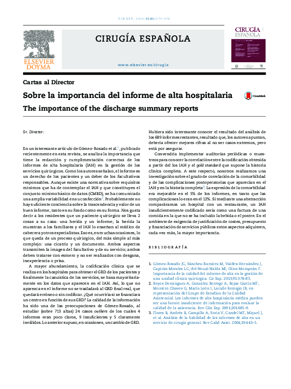 (PDF) Sobre la importancia del informe de alta hospitalaria