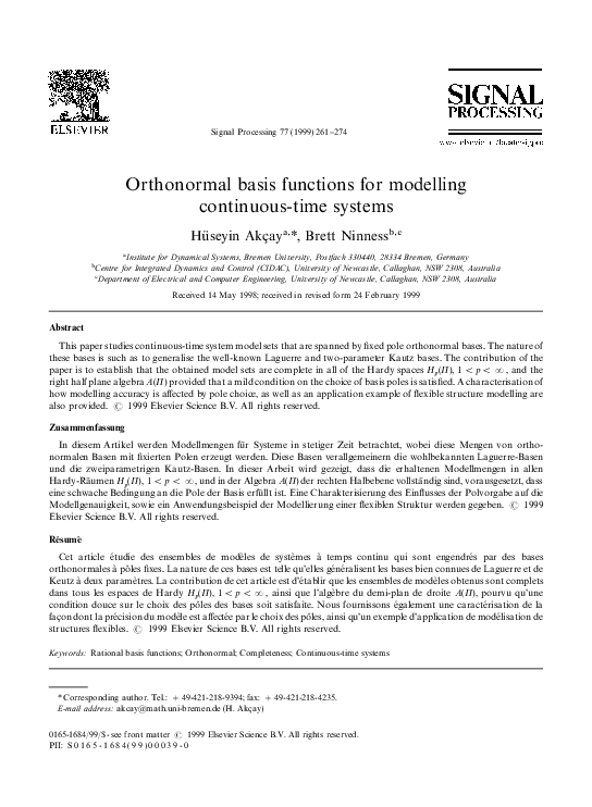 (PDF) Orthonormal basis functions for modelling continuous-time systems
