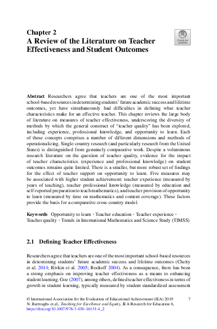 (PDF) A Review of the Literature on Teacher Effectiveness and Student Outcomes