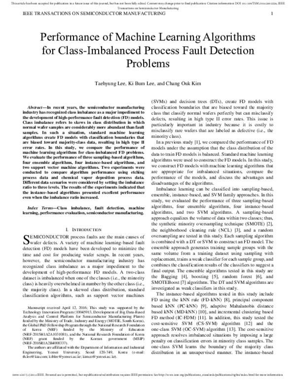 (PDF) Performance of Machine Learning Algorithms for Class-Imbalanced Process Fault Detection ...