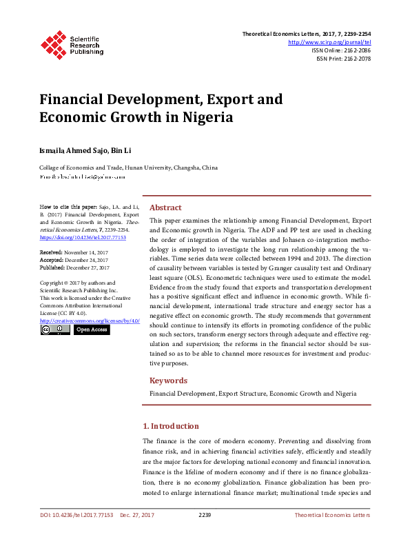 (PDF) Financial Development, Export and Economic Growth in Nigeria