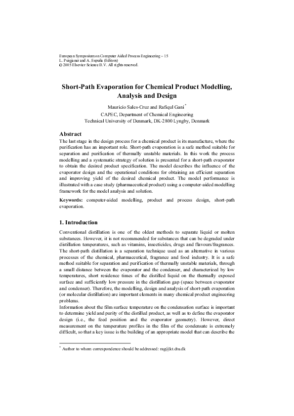 (PDF) Short-path evaporation for chemical product modelling, analysis ...