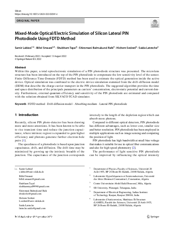 (PDF) Mixed-Mode Optical/Electric Simulation of Silicon Lateral PIN Photodiode Using FDTD Method