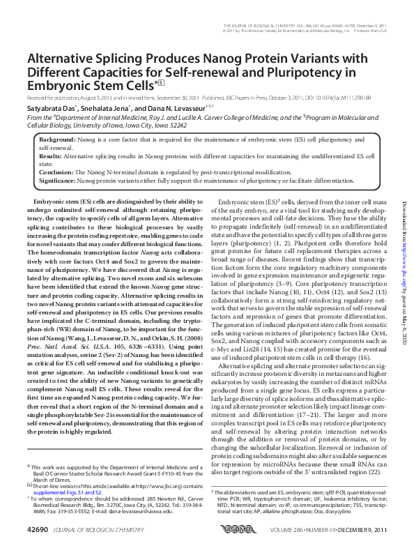 (PDF) Alternative Splicing Produces Nanog Protein Variants with ...
