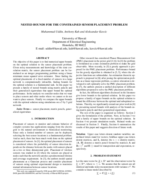 Pdf Nested Bounds For The Constrained Sensor Placement Problem
