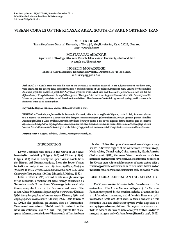 (PDF) Visean corals of the Kiyasar area, South of Sari, Northern Iran