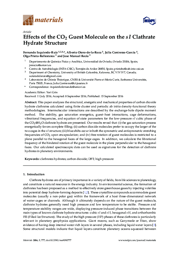 (PDF) Effects of the CO2 Guest Molecule on the sI Clathrate Hydrate ...