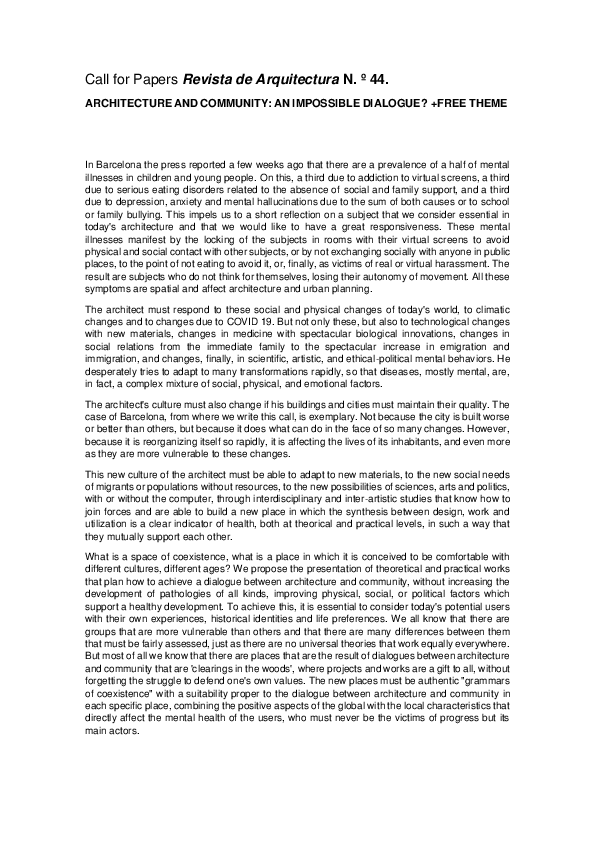 (PDF) Call for Papers Revista de Arquitectura N. º 44. ARCHITECTURE AND ...