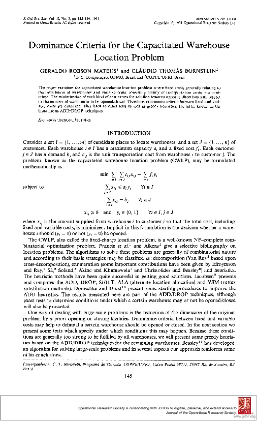 (PDF) Dominance Criteria for the Capacitated Warehouse Location Problem