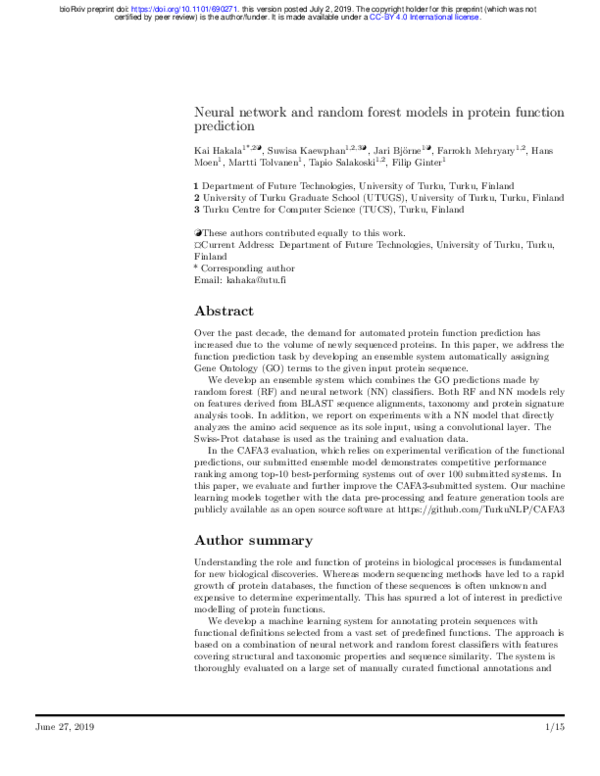 Pdf Neural Network And Random Forest Models In Protein Function Prediction