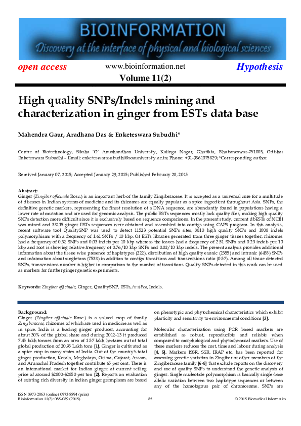 (PDF) High quality SNPs/Indels mining and characterization in ginger from ESTs data base