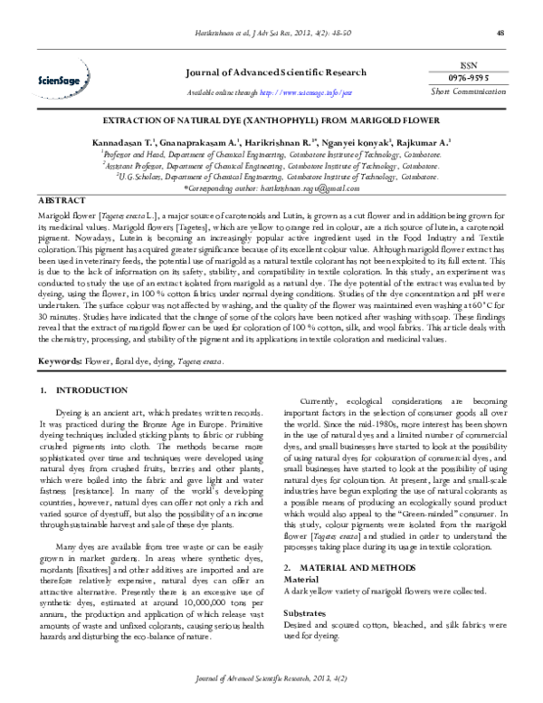 (PDF) Extraction of Natural Dye (Xanthophyll) from Marigold Flower