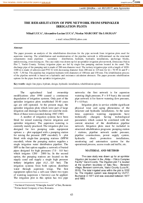 (PDF) The rehabilitation of pipe network from sprinkler irrigation plots