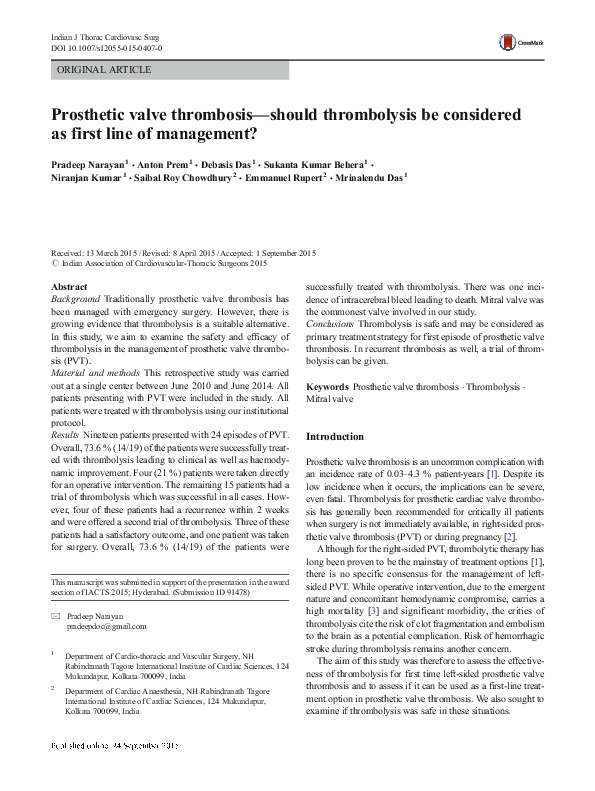 (PDF) Prosthetic valve thrombosis—should thrombolysis be considered as ...