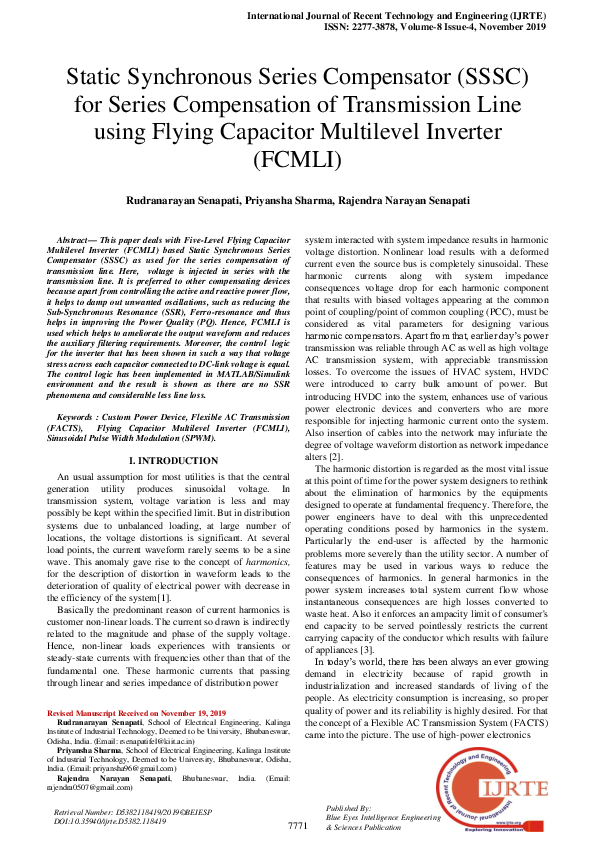 Pdf Static Synchronous Series Compensator Sssc For Series Compensation Of Transmission Line