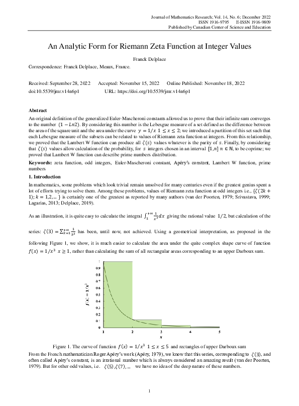 Pdf An Analytic Form For Riemann Zeta Function At Integer Values