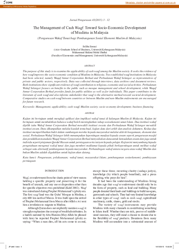 (PDF) The Management of Cash Waqf: Toward Socio-Economic Development of Muslims in Malaysia