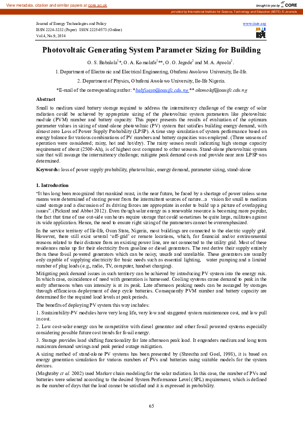 (PDF) Photovoltaic Generating System Parameter Sizing for Building (PDF) Photovoltaic Generating System Parameter Sizing for Building