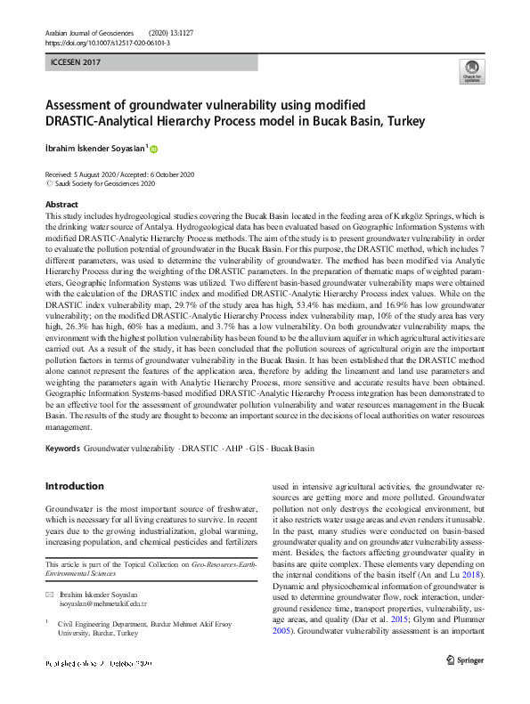 Pdf Assessment Of Groundwater Vulnerability Using Modified Drastic Model In Kharun Basin
