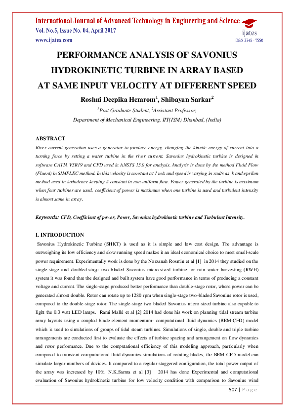 (PDF) Performance analysis of a Savonius hydrokinetic turbine having twisted blades