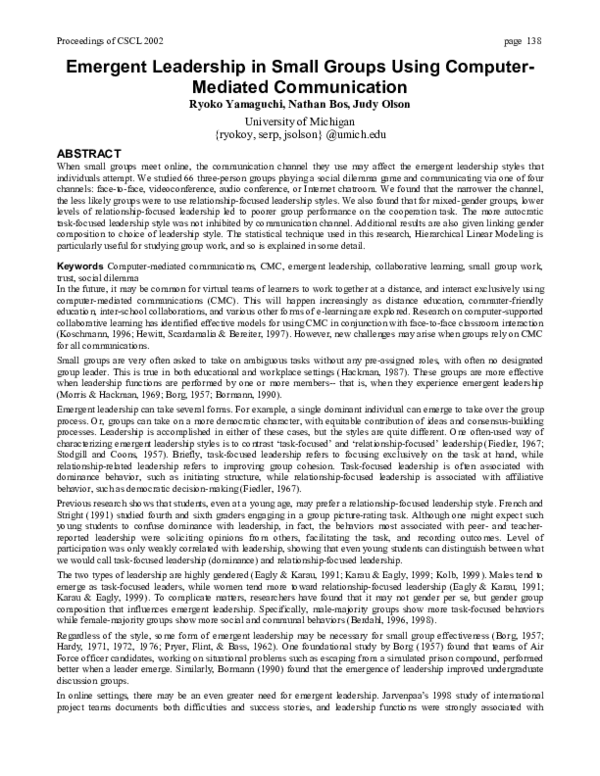(PDF) Emergent leadership in small groups using computer-mediated ...