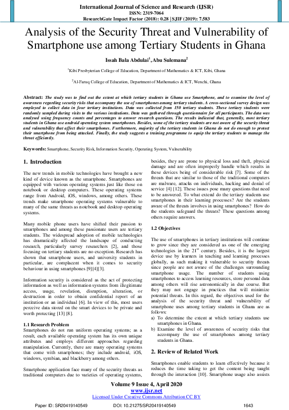 (PDF) Analysis of the Security Threat and Vulnerability of Smartphone use among Tertiary ...