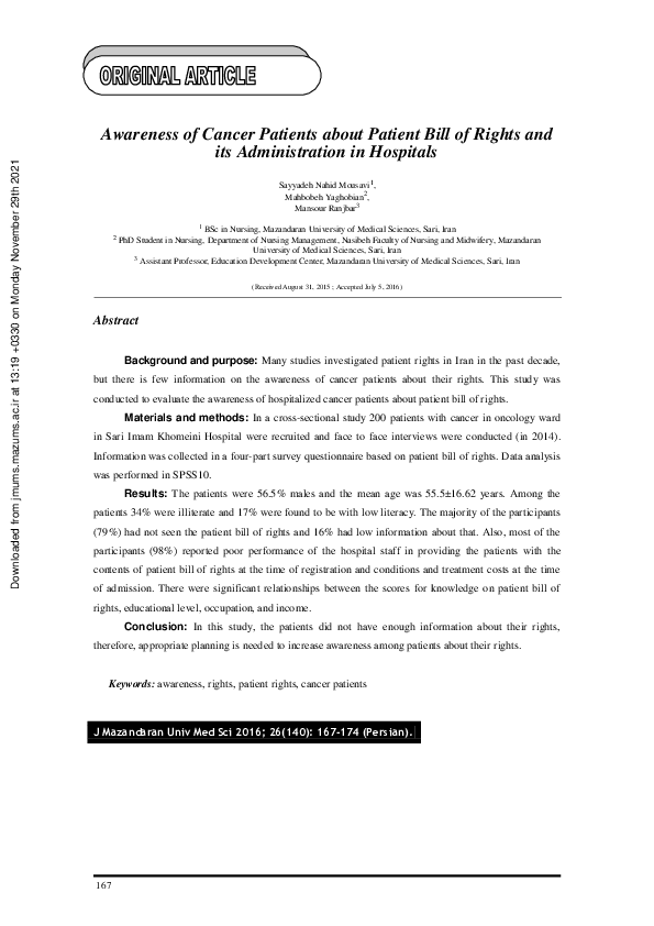 (PDF) Awareness of Cancer Patients about Patient Bill of Rights and its ...