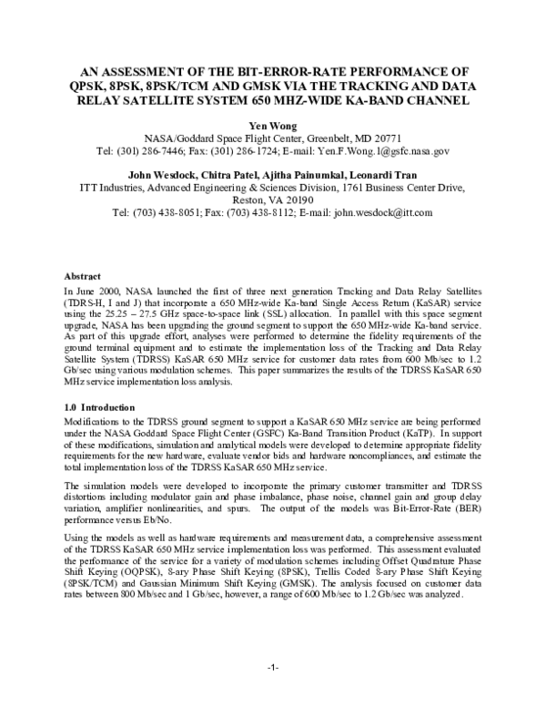 An Assessment Of The Bit-Error-Rate Performance Of QPSK, 8PSK, 8PSK/TCM ...