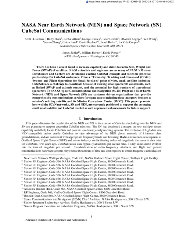 (PDF) NASA Near Earth Network (NEN) and Space Network (SN) CubeSat ...