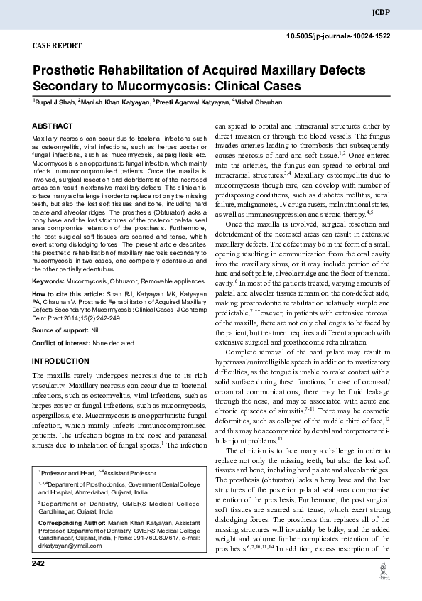 (PDF) Prosthetic Rehabilitation of Acquired Maxillary Defects Secondary ...