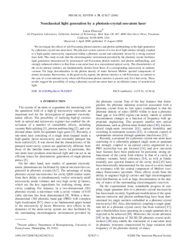 (PDF) Nonclassical light generation by a photonic-crystal one-atom laser