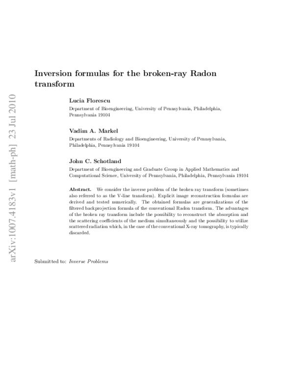 (PDF) Inversion formulas for the broken-ray Radon transform