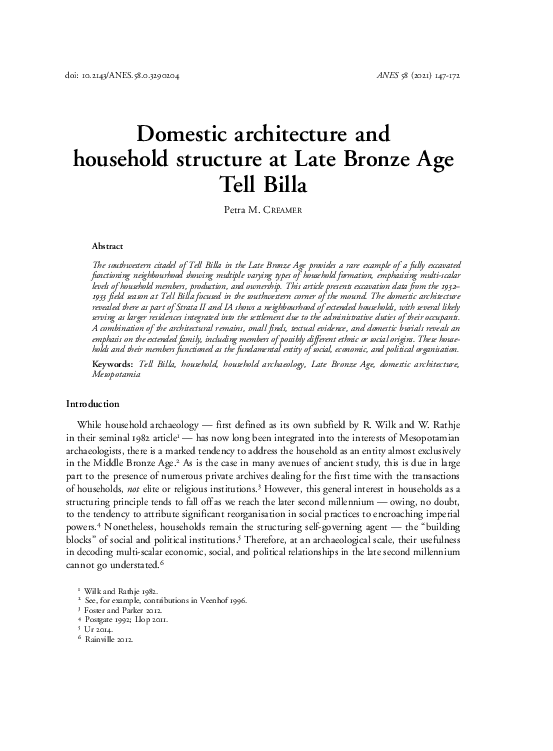 (PDF) Domestic architecture and household structure at Late Bronze Age Tell Billa
